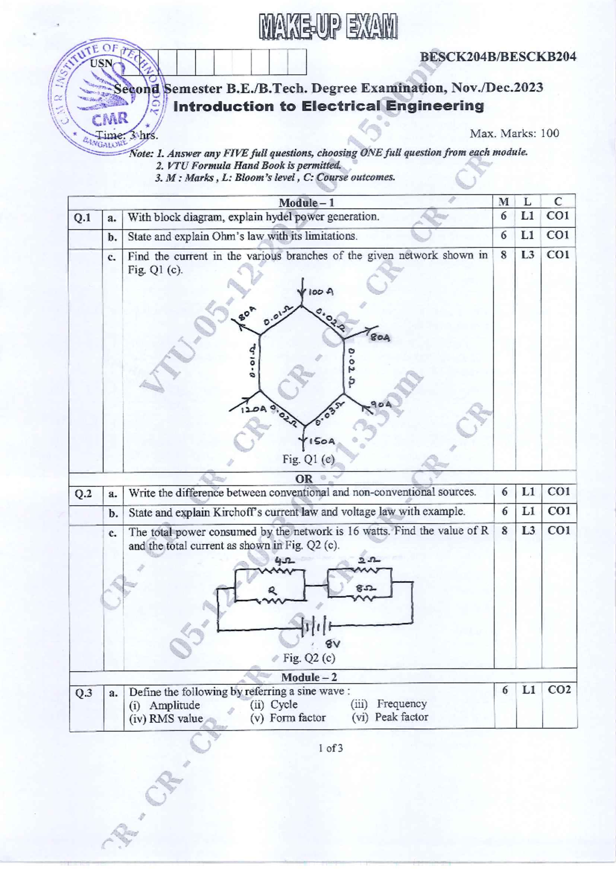 Make-Up VTU Question Paper of Besck 204B Introduction to Electrical Engineering Nov-Dec-2023 ...