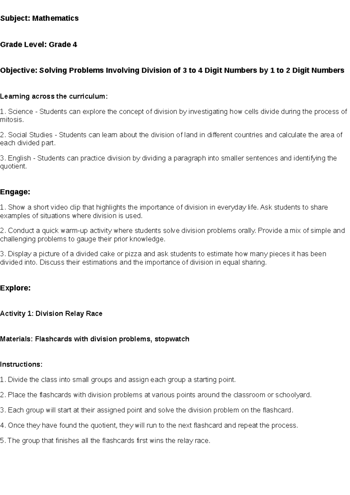 Lesson plan - For reference - Subject: Mathematics Grade Level: Grade 4 ...
