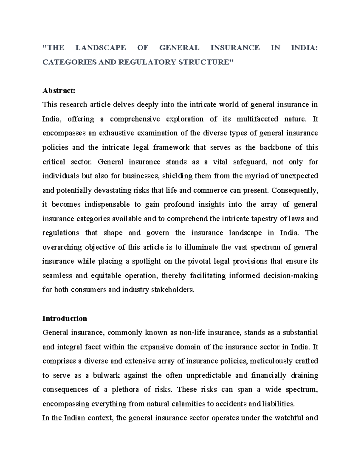 THE Landscape OF General Insurance IN India Categories AND Regulatory ...
