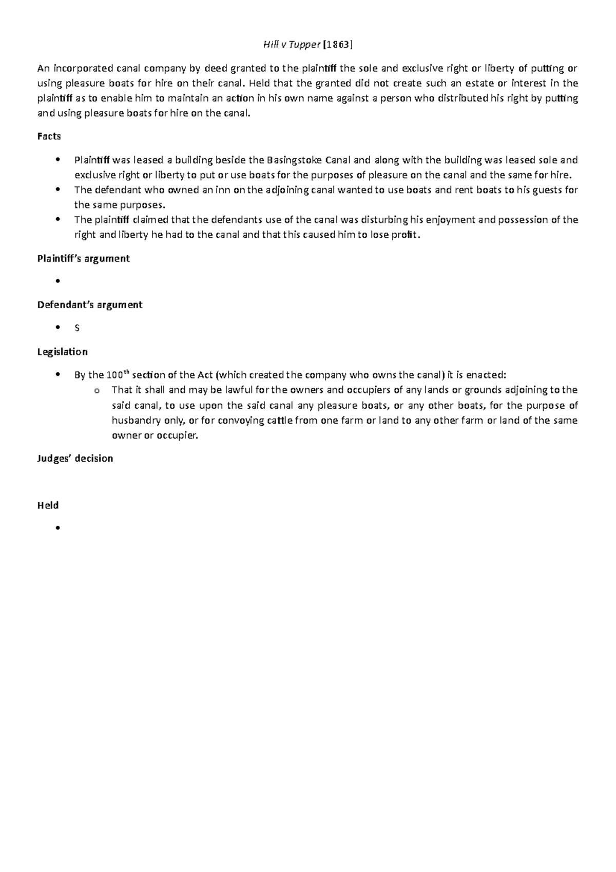 Hill v Tupper - case summary - Hill v Tupper [1863] An incorporated ...