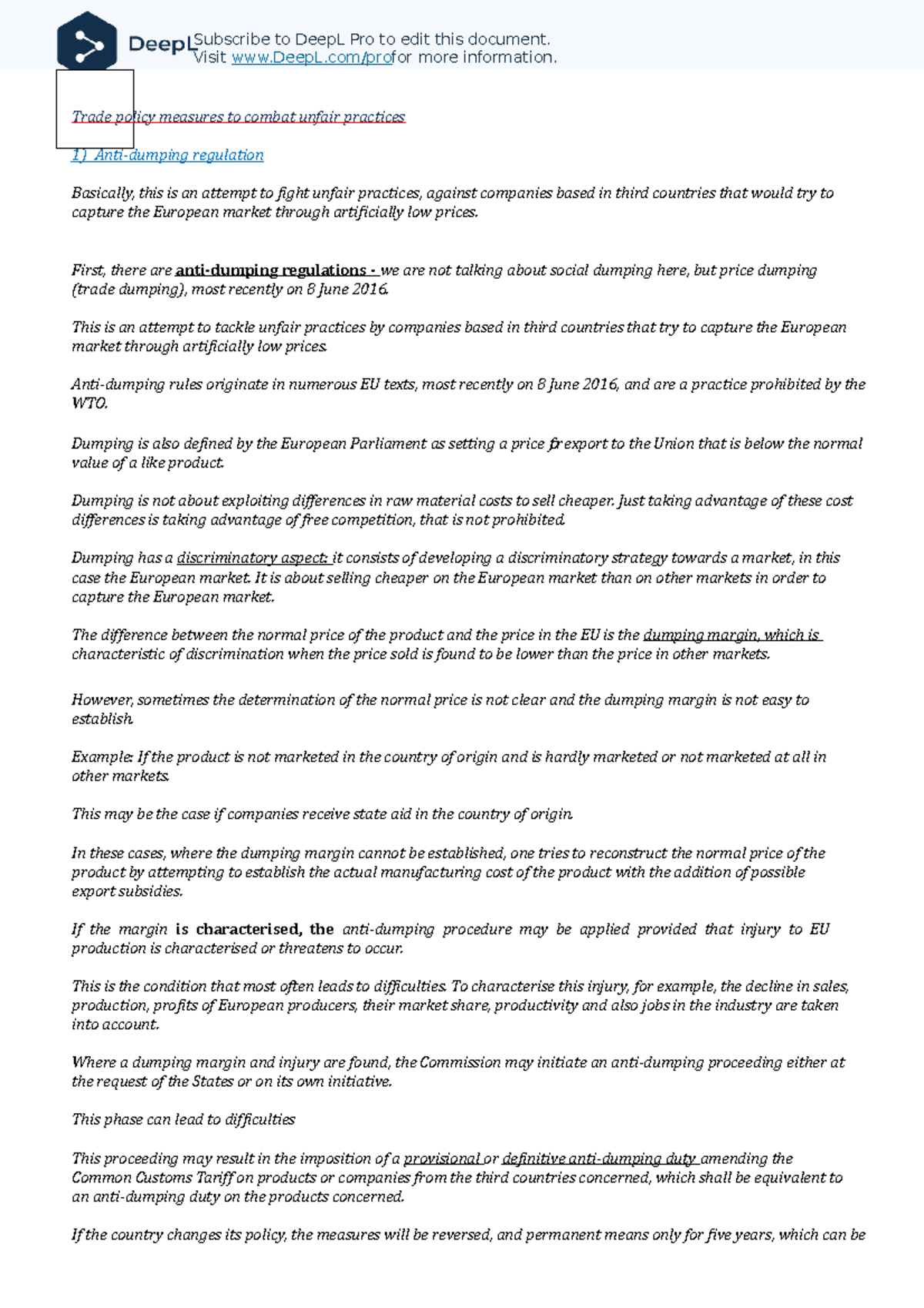 Trade policy measures to combat unfair practices - Trade policy ...