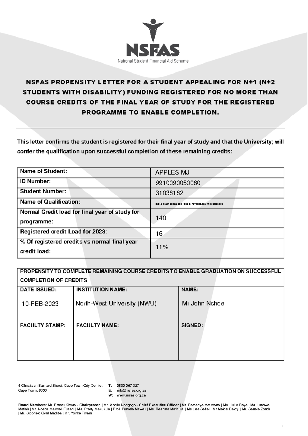 Nsfas Propensity Letter Generic - 4 Christiaan Barnard Street, Cape ...