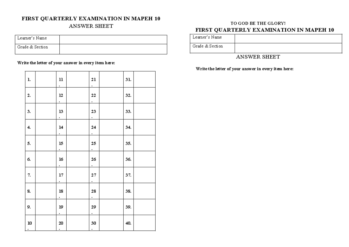 Answer Sheet - FIRST QUARTERLY EXAMINATION IN MAPEH 10 ANSWER SHEET Learner’s Name Grade & - Studocu