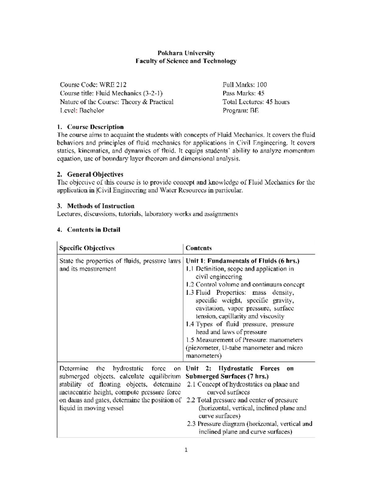 FLuid Mechanics - revised sylle - Pokhara University Faculty of Science ...