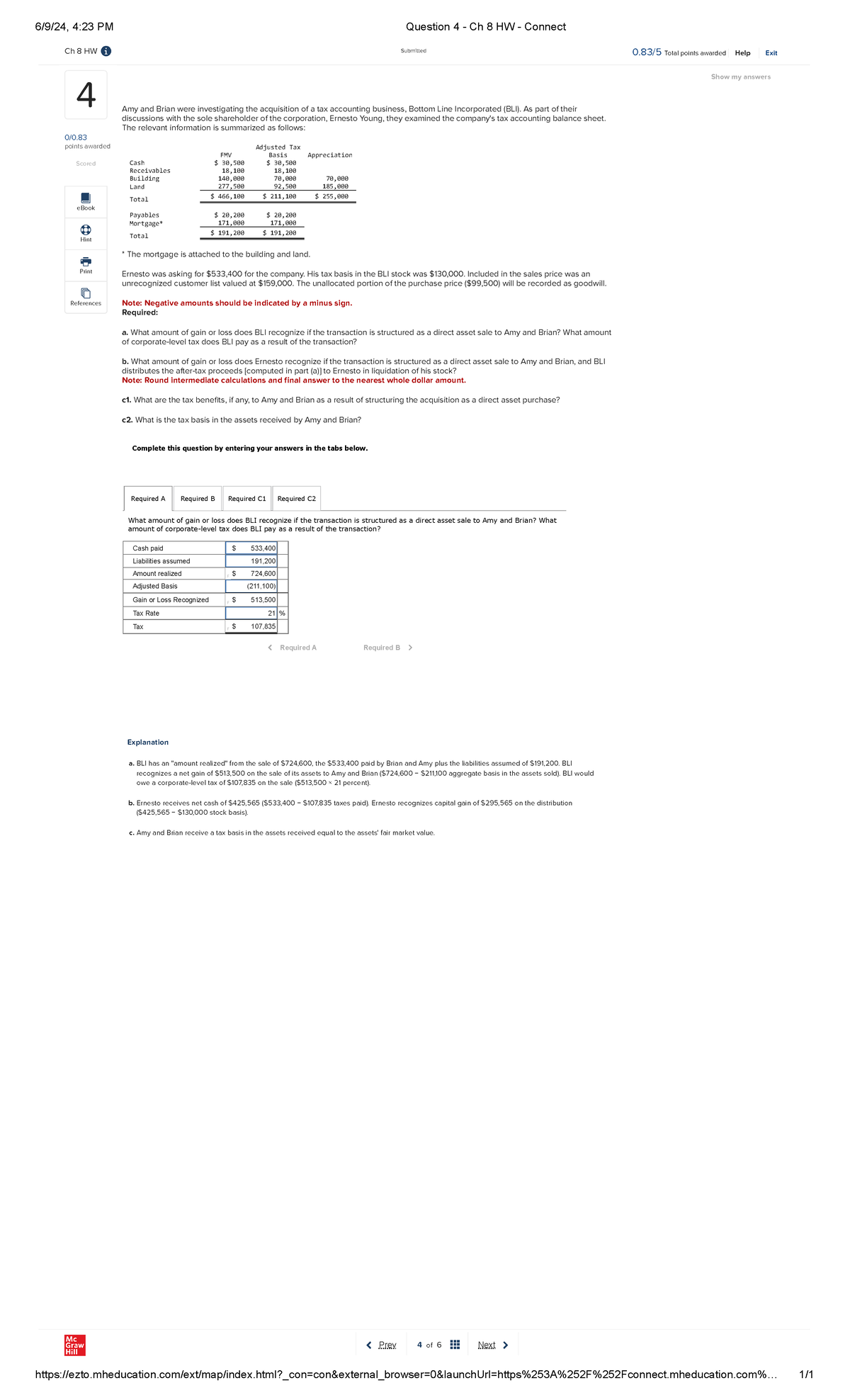 Question 4 - Ch 8 HW - Connect - eBook ⊕ Hint Print p References 4 0 /0. points awarded Scored ...