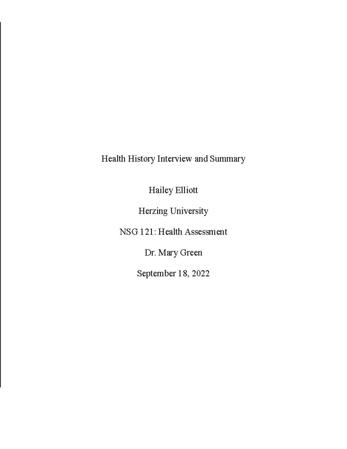 Health History Questionnaire NSG121-1 - Health History Interview and ...