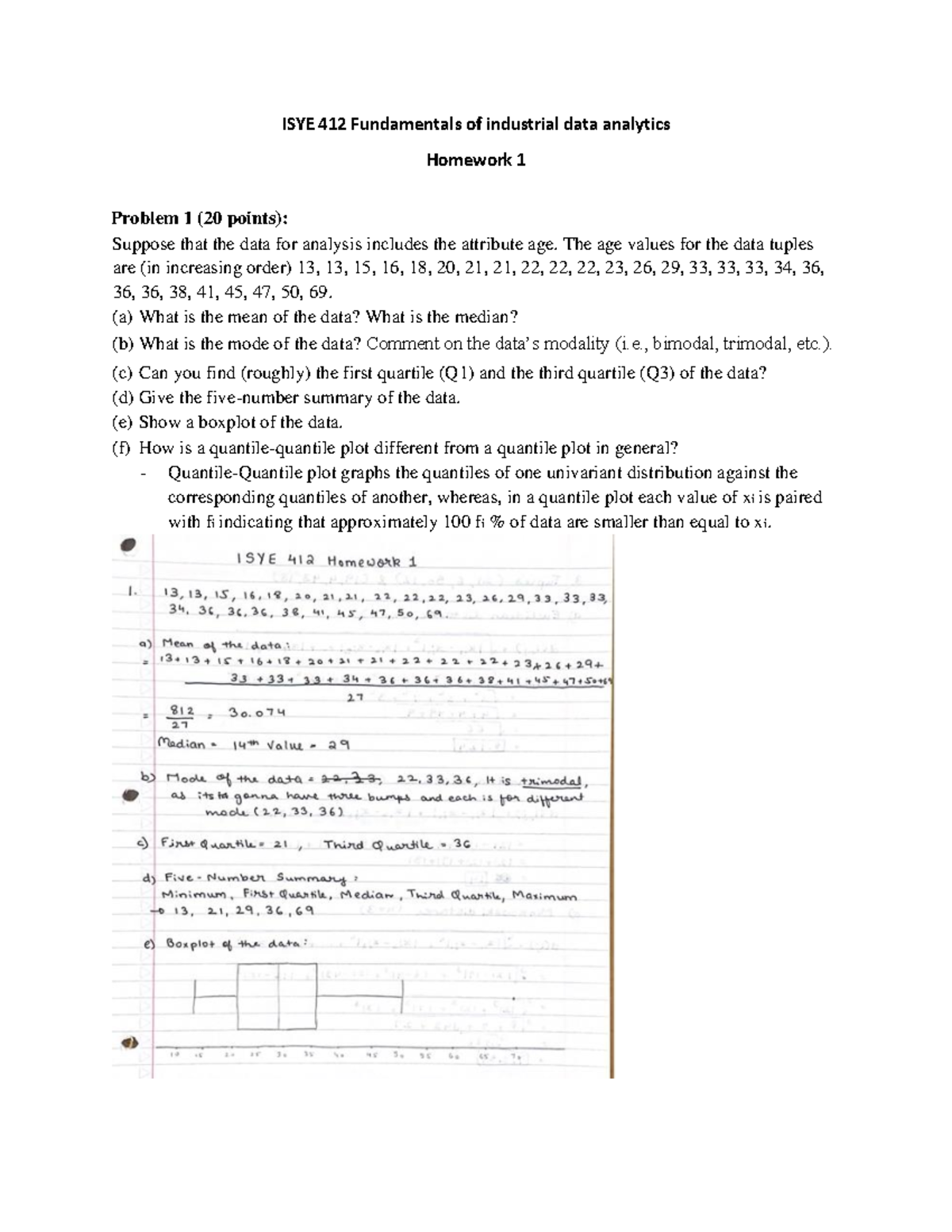 ISYE412HW1 Harsh Patel - ISYE 412 Fundamentals of industrial data analytics Homework 1 Problem 1 ...