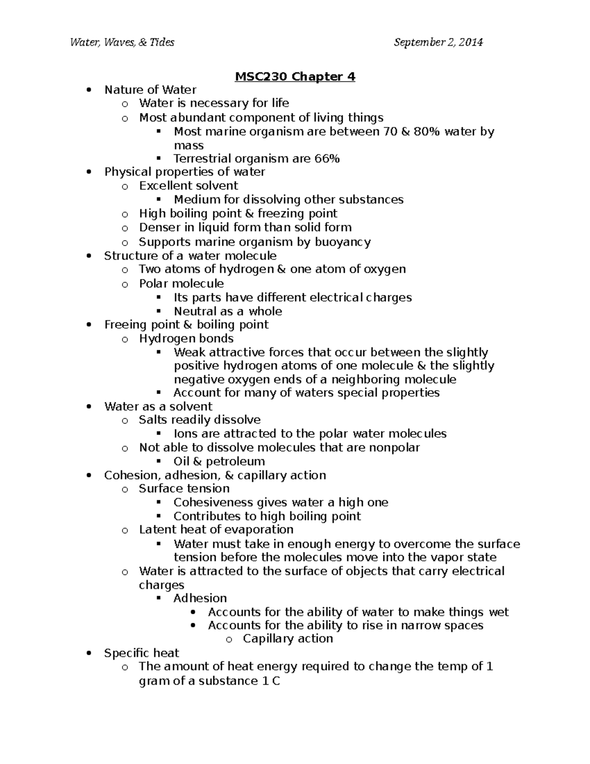 Chapter 4 water waves tides - Water, Waves, Tides September 2, 2014 ...