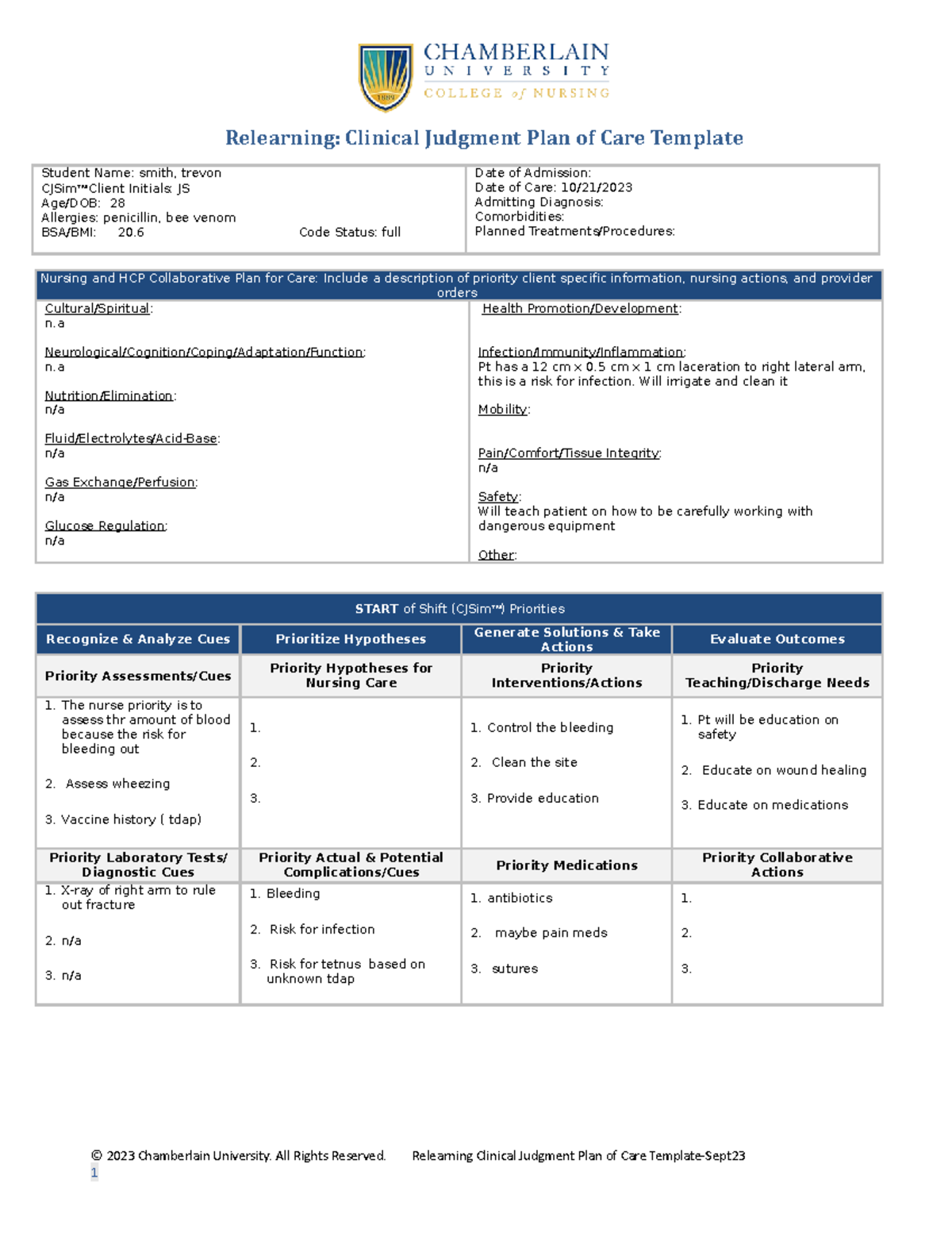Care plan 1 - care plan - Student Name: smith, trevon CJSim™ Client ...
