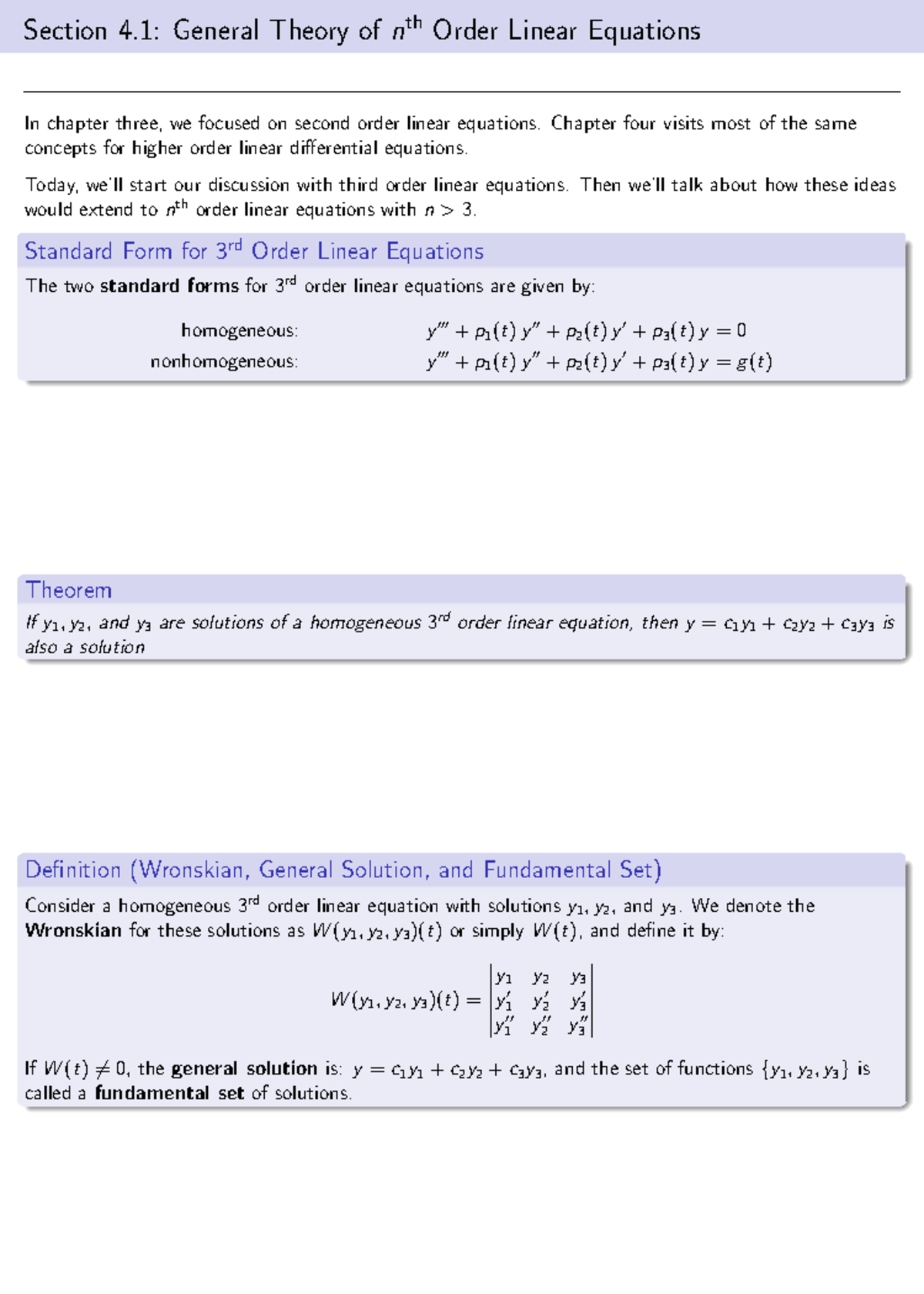 4 1 Nth Order Linear Equations Section 4 General Theory Of Nth Order Linear Equations In