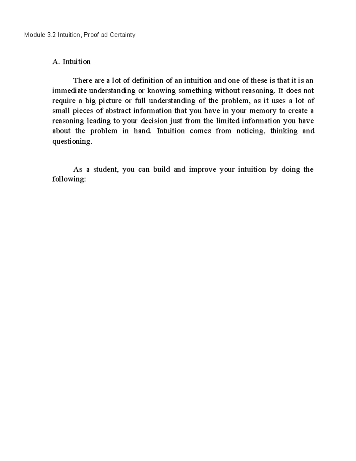MMW Module 3 - Module 3 Intuition, Proof ad Certainty A. Intuition ...