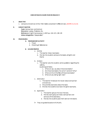 English 5 lp - example of lesson plan - SEMI-DETAILED LESSON PLAN IN ...