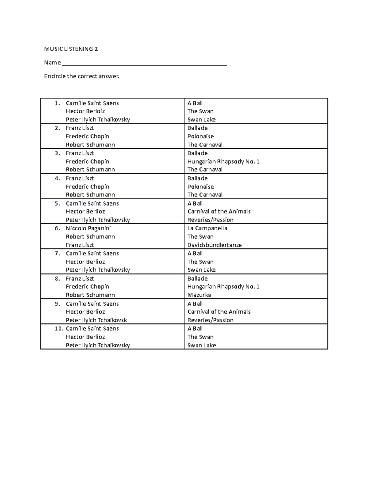 Music listening test 2 - test test - MUSIC LISTENING 2 Name - Studocu