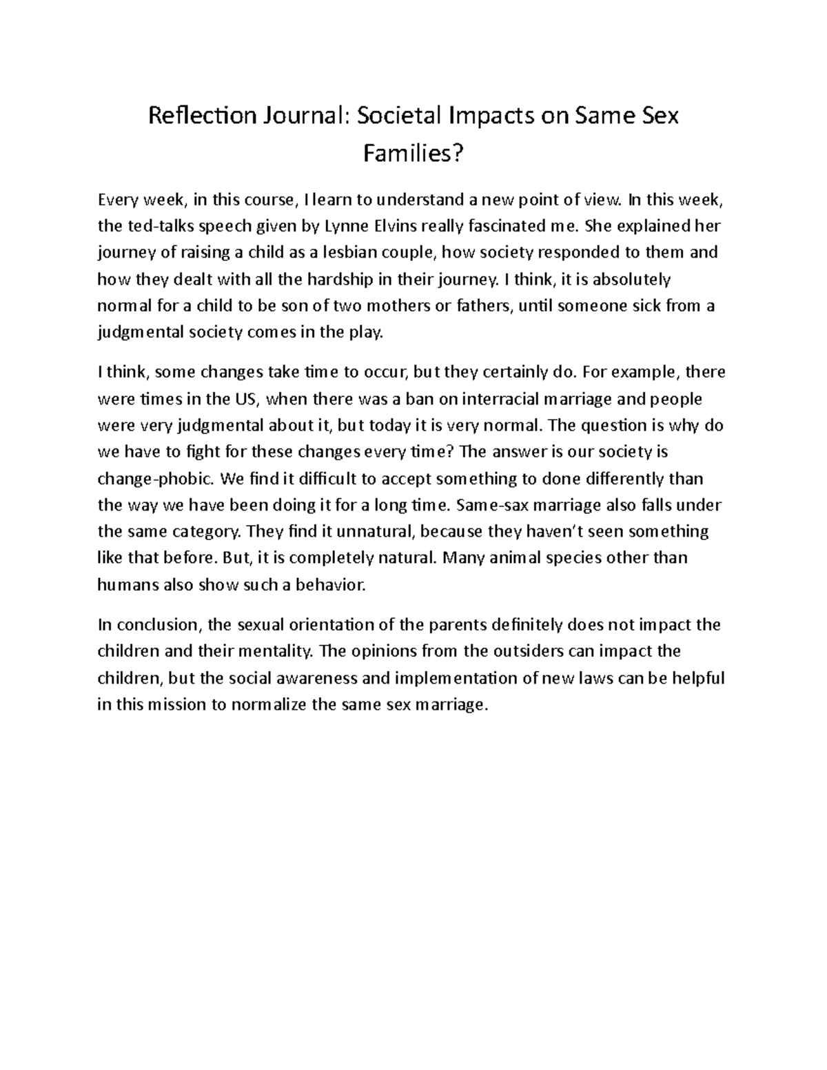 Reflection Journal Societal Impacts on Same Sex Families - Reflection ...