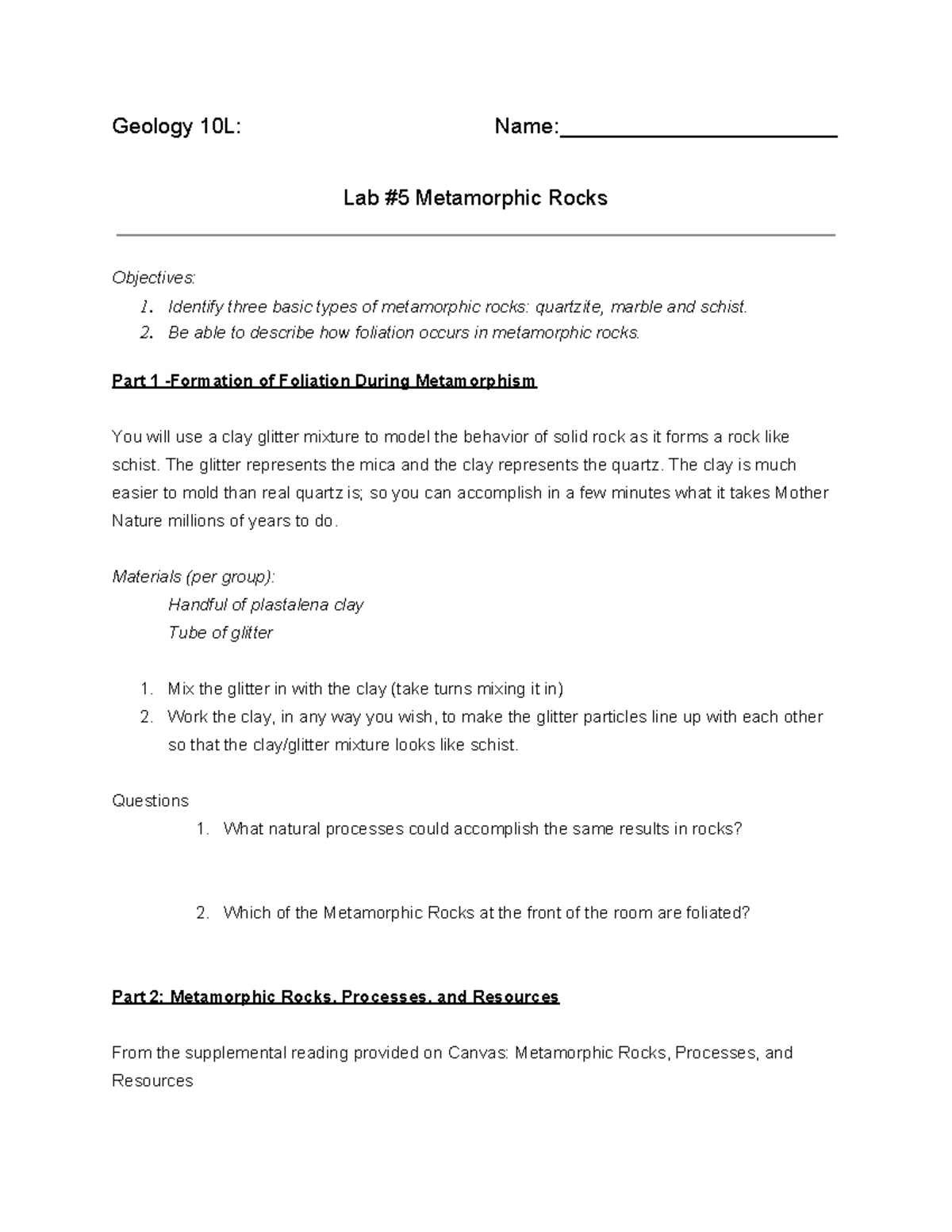 Lab 5 Metamorphic Rocks - Geology 10L: Name:_______________________ Lab ...