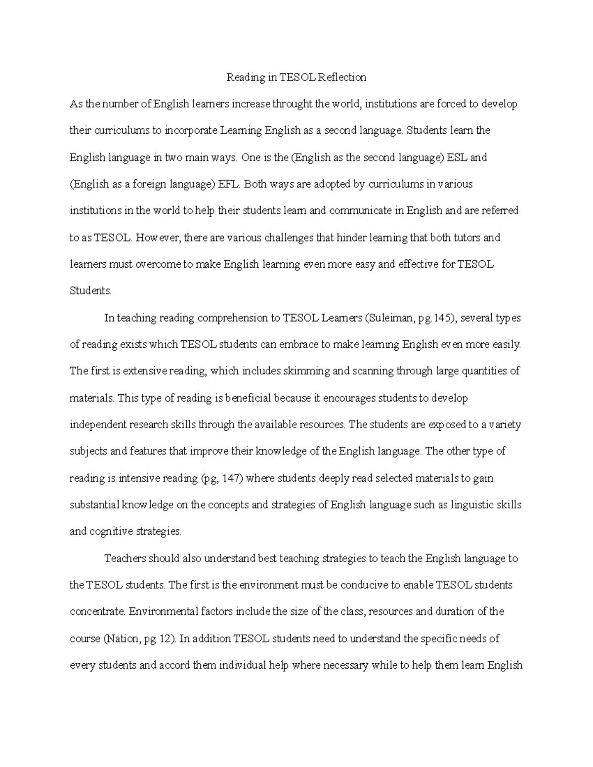 Reading in TESOL Reflection - Financial Management - UoEm - Studocu