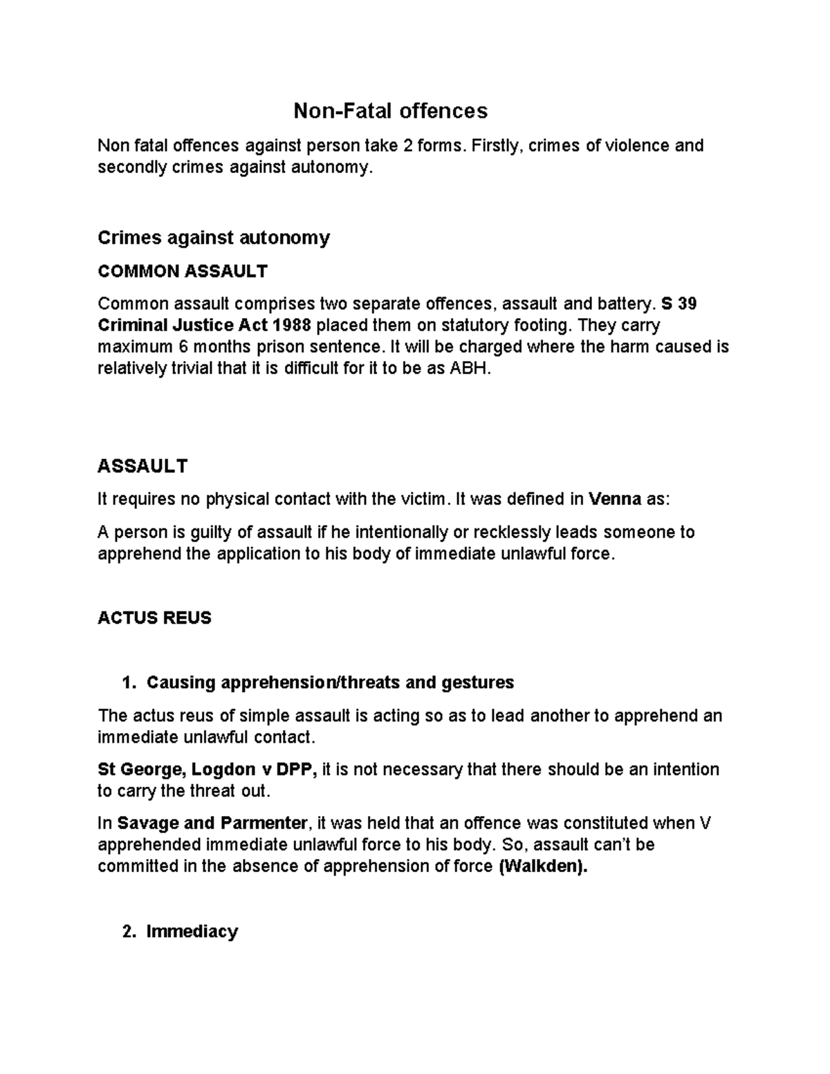 Non Fatal Offences - criminal law notes - Non-Fatal offences Non fatal ...
