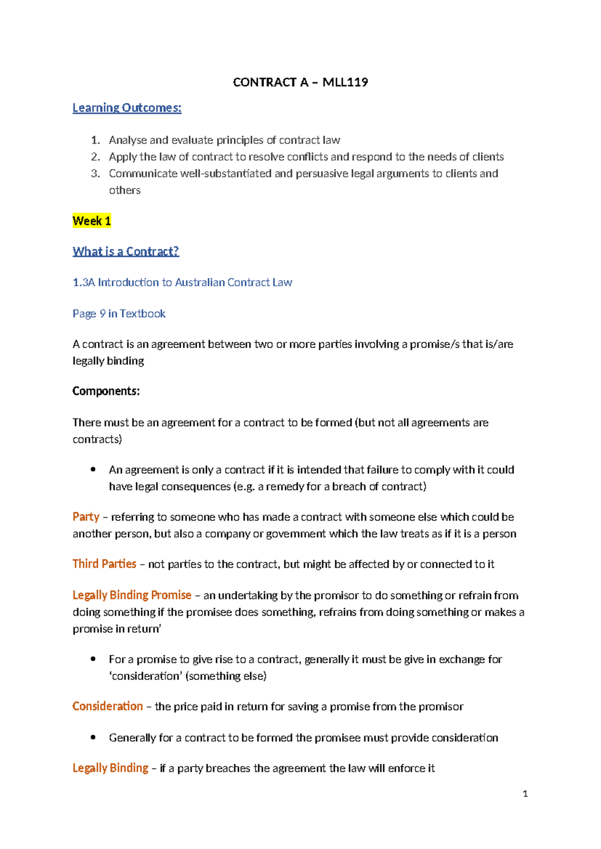 Contract A Notes - CONTRACT A – MLL Learning Outcomes: 1. Analyse and ...