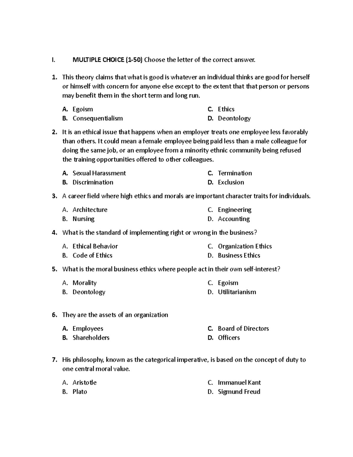 Pointers To Review - I. MULTIPLE CHOICE (1-50) Choose the letter of the correct answer. This ...