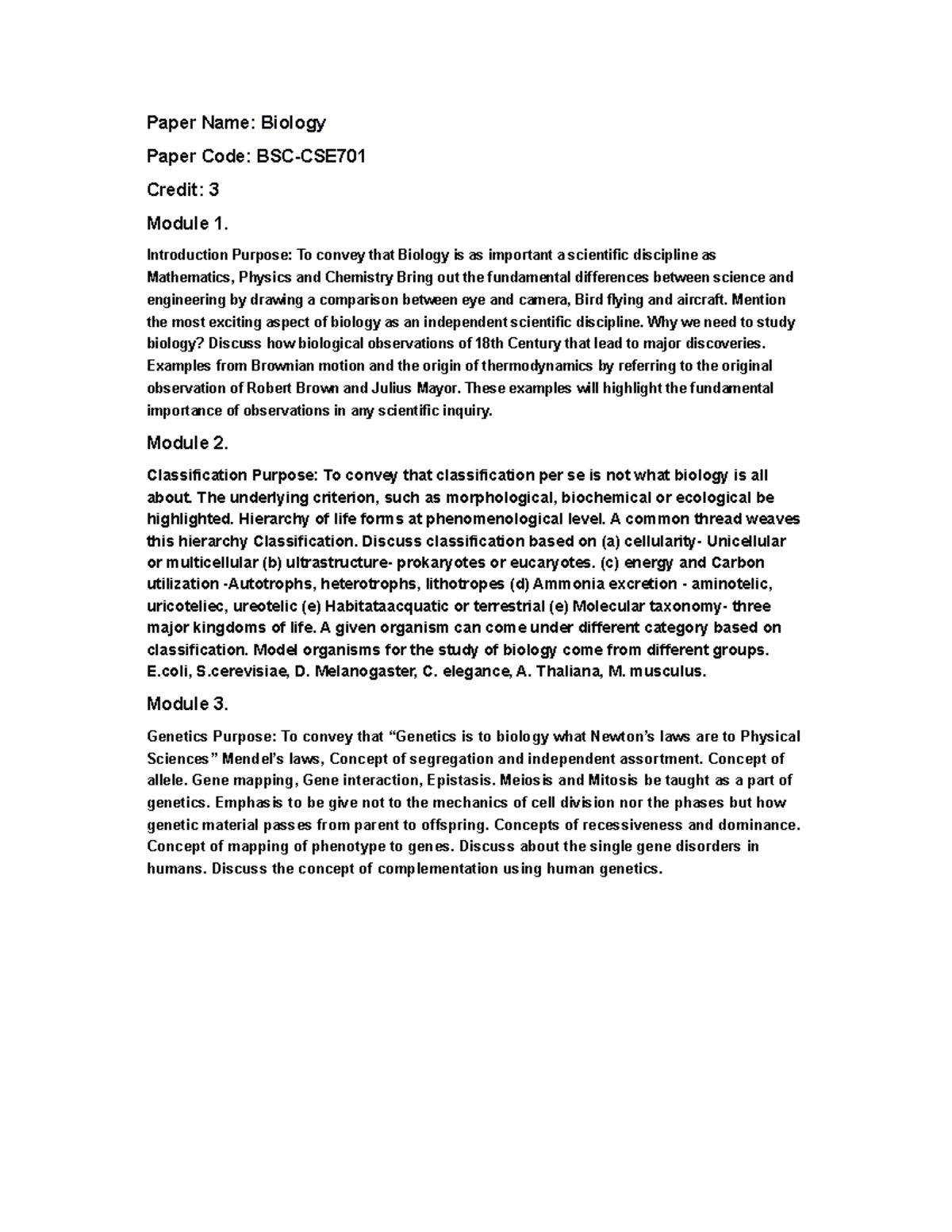 Biology Study Materials - Paper Name: Biology Paper Code: BSC-CSE ...