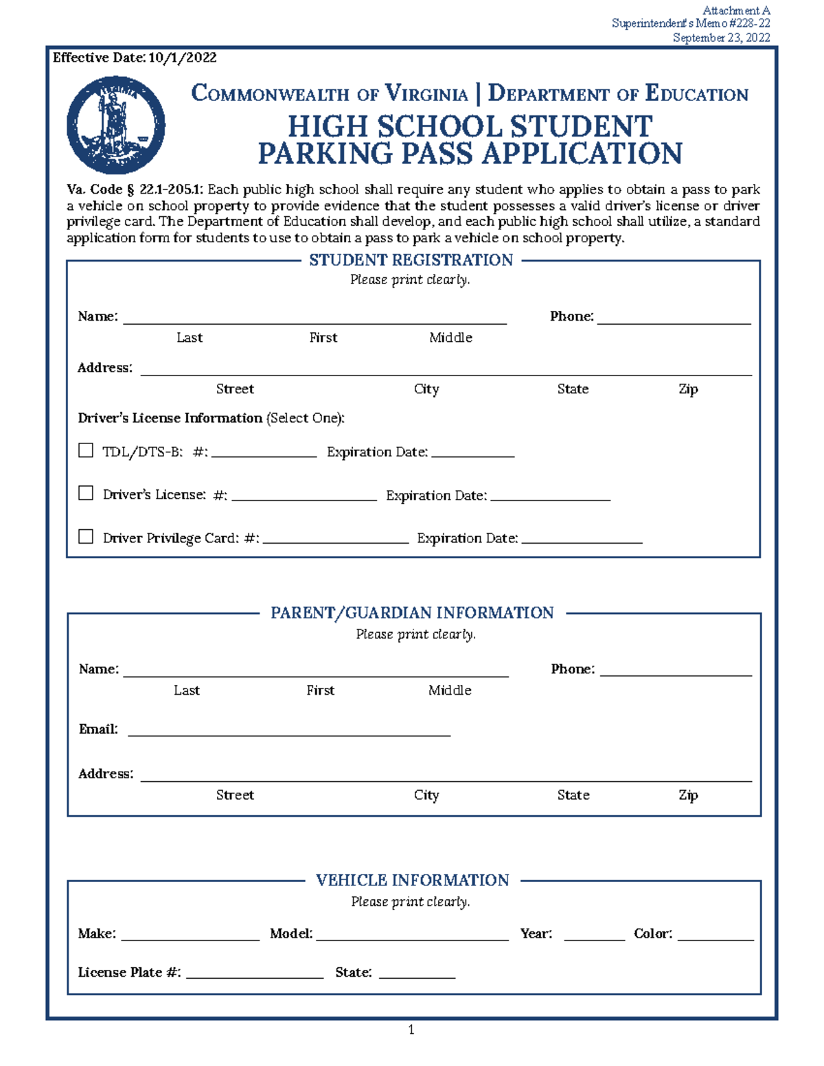 Student HS Parking Permit Application - 1 Commonwealth of Virginia ...
