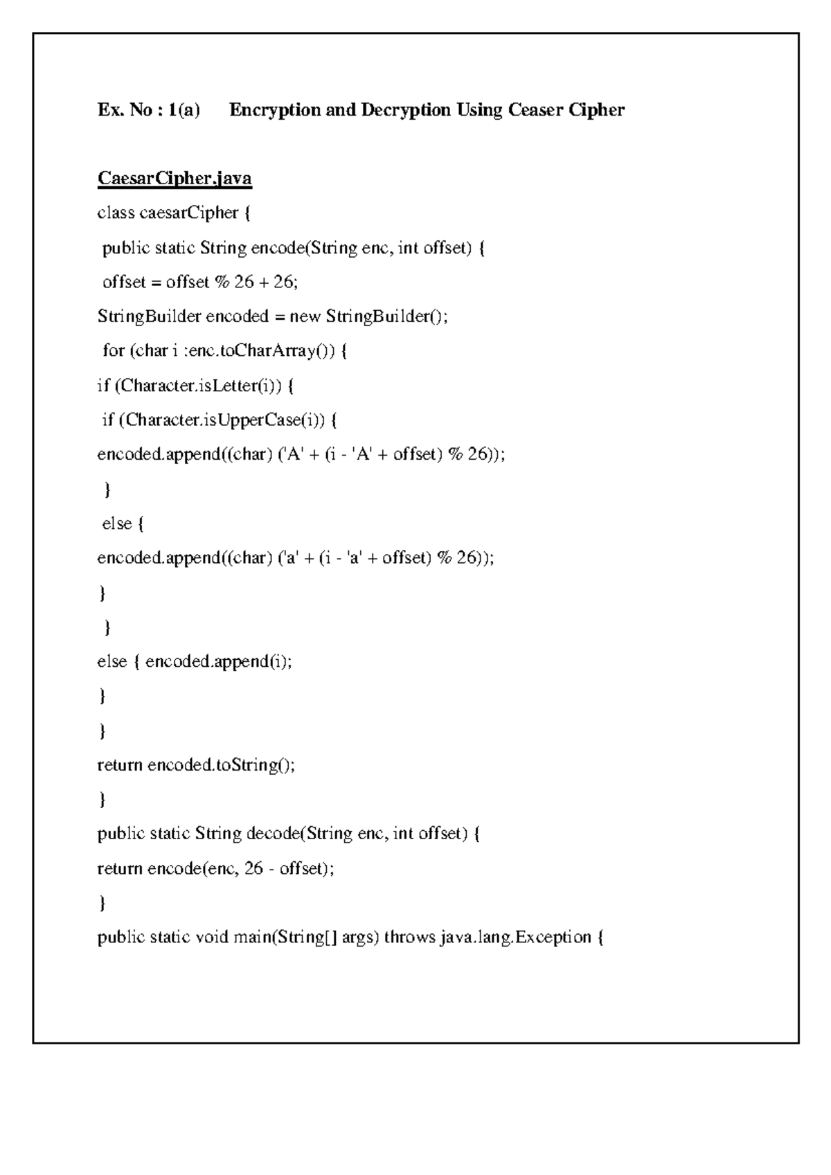 Security Record Ex No 1a Encryption And Decryption Using Ceaser Cipher Caesarcipher Class