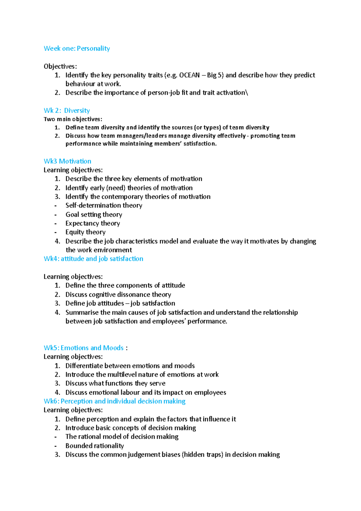 Mgmt1135 exam objectives - Week one: Personality Objectives: 1 ...