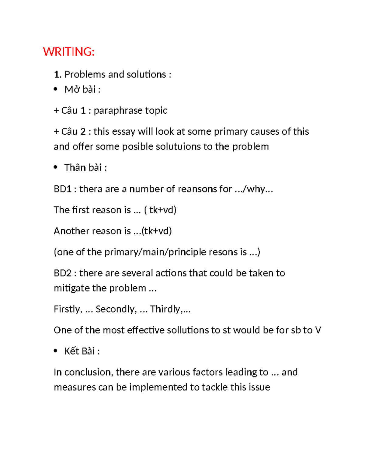 Writing - WRITING: Problems and solutions : Mở bài : Câu 1 : paraphrase ...