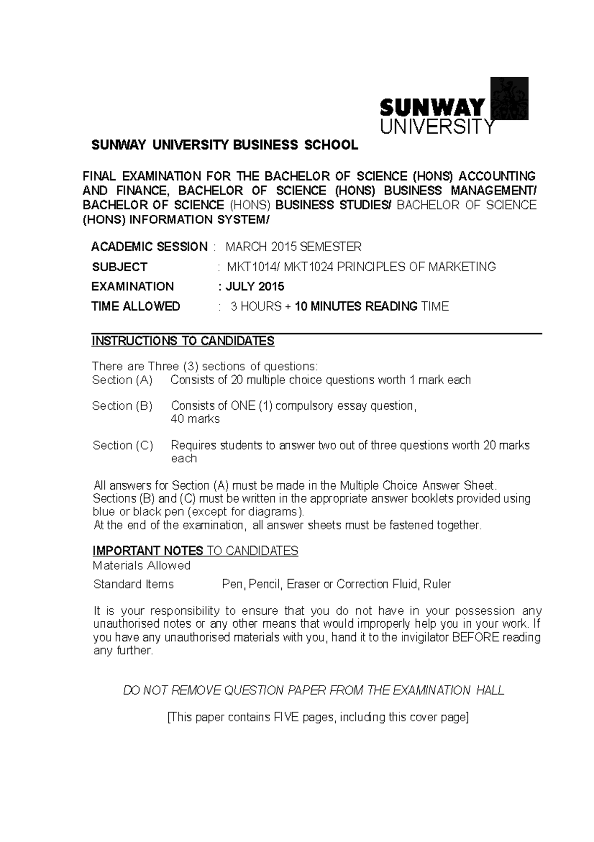 Mkt1014jul15 - Exercise - UNIVERSITY SUNWAY UNIVERSITY BUSINESS SCHOOL ...