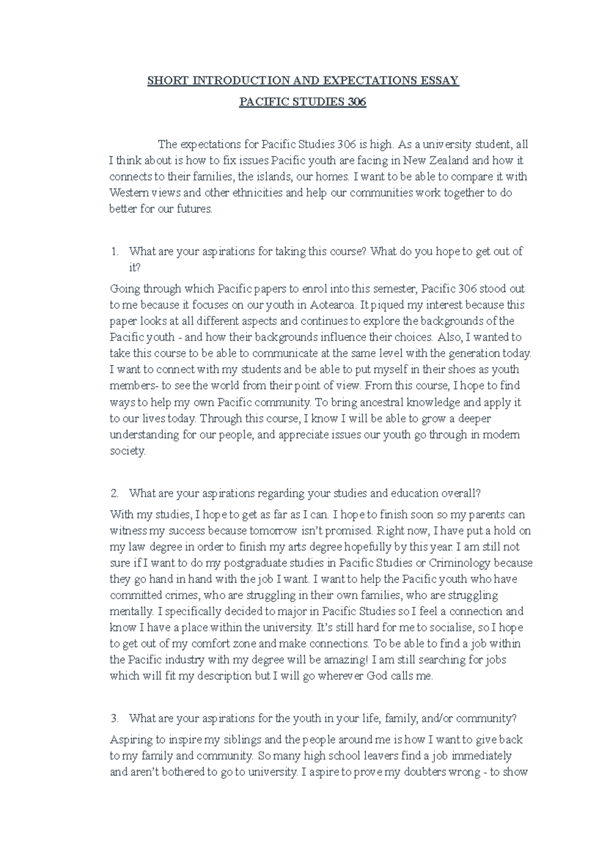 PAC306 - SHORT INTRODUCTION AND EXPECTATIONS ESSAY PACIFIC STUDIES 306 ...