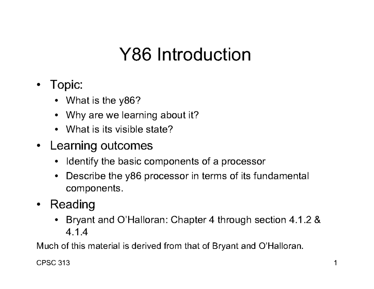 Y86-intro-1 - Pre Class Activity - Y86 Introduction " Topic: What is the y86? Why are we - Studocu