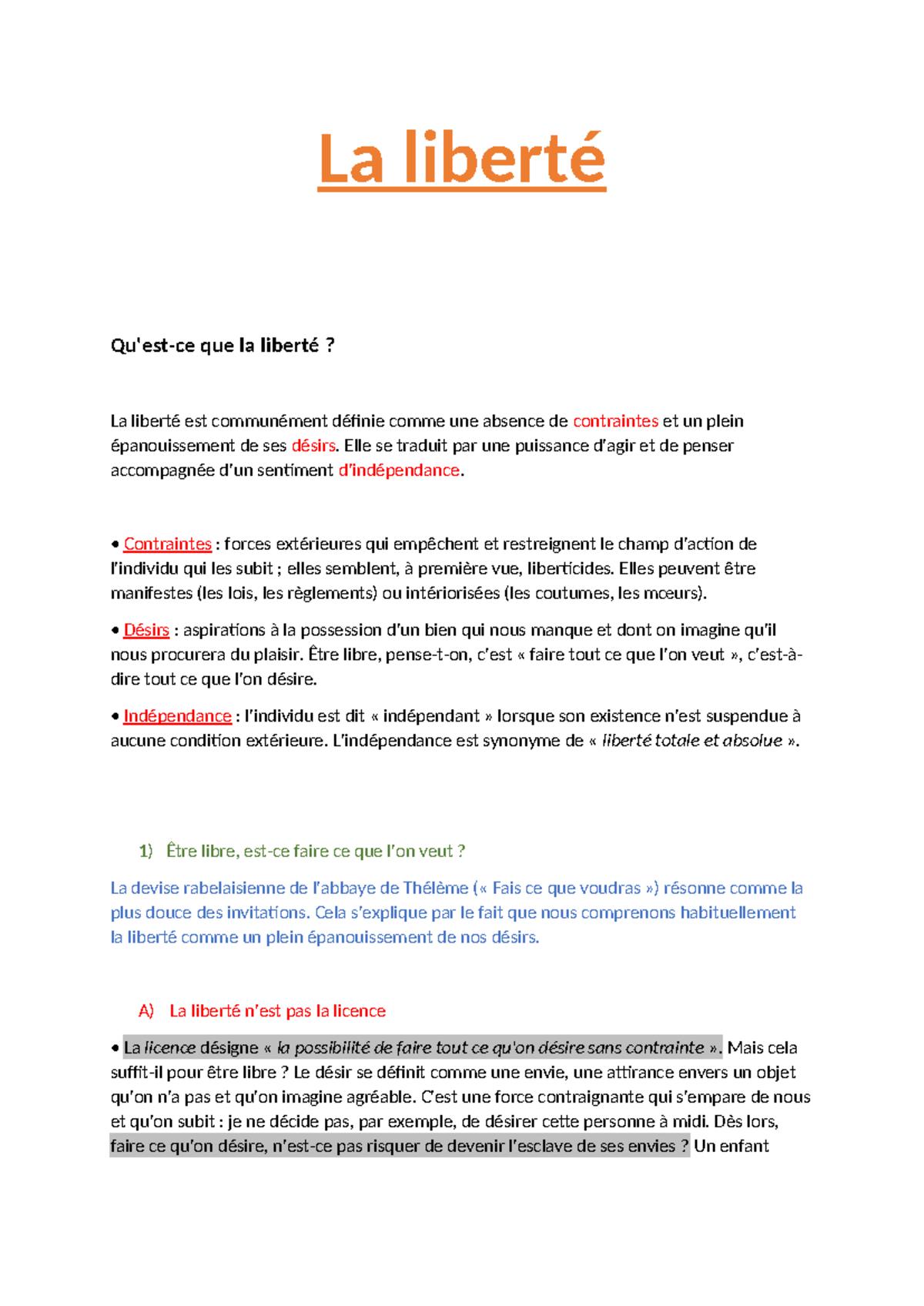 La liberté - fiche de philo sur lla - La liberté Qu'est-ce que la liberté? La liberté est - Studocu