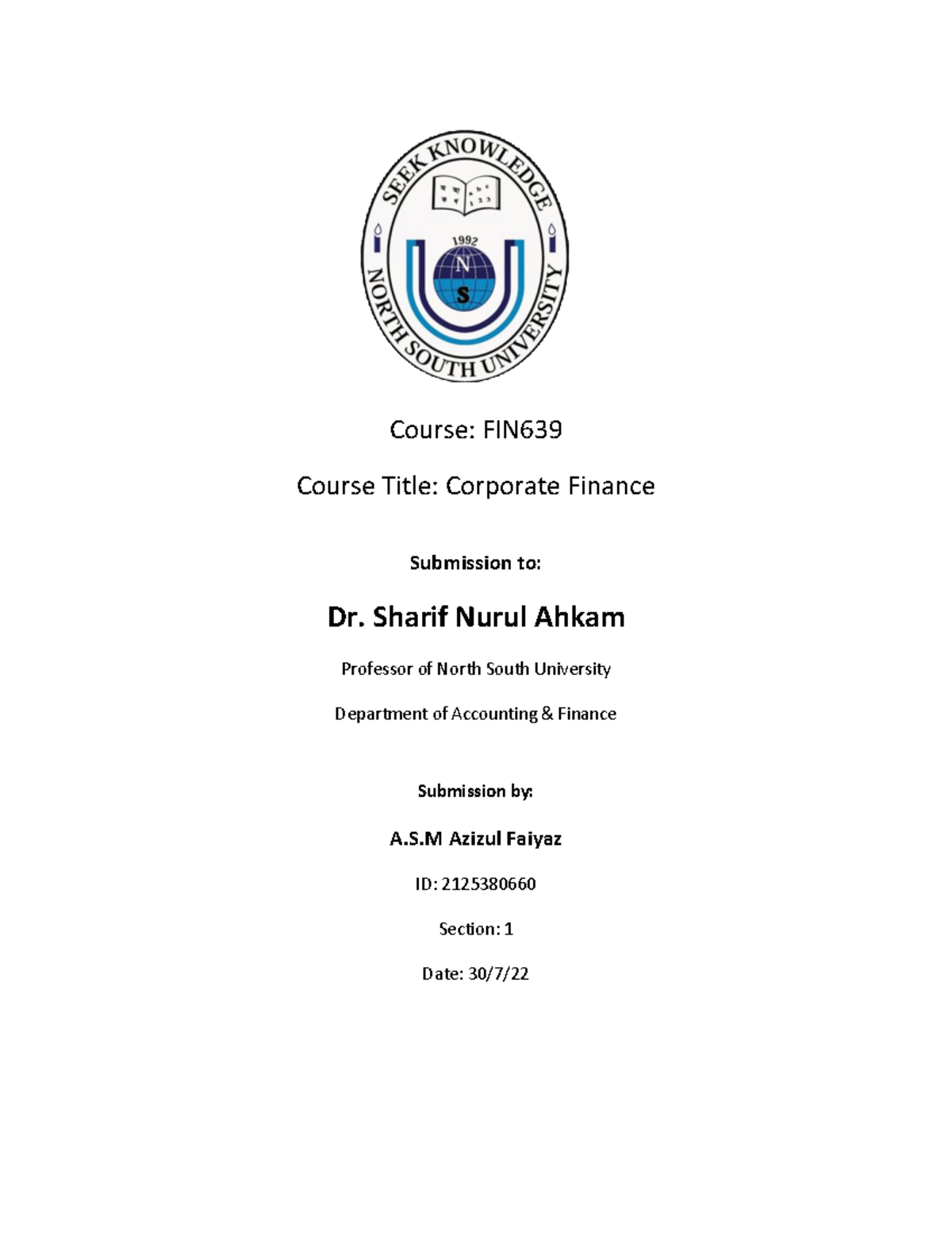 A.S - Assignment 1 Solutions - Course: FIN Course Title: Corporate ...