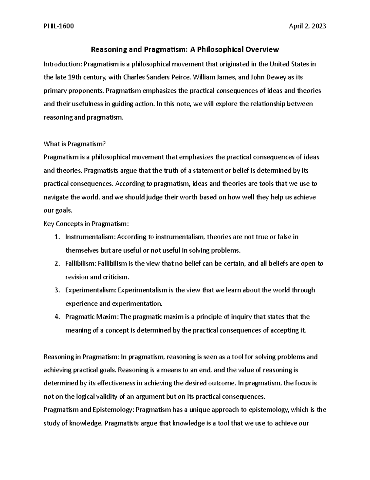 Reasoning and pragmatism - PHIL-1600 April 2, 2023 Reasoning and ...