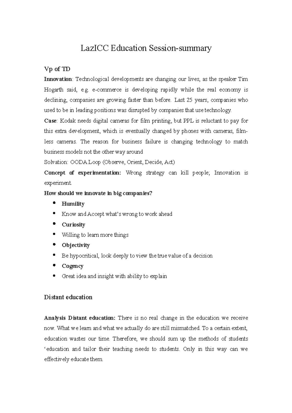 School summaries - LazICC Education Session-summary Vp of TD Innovation ...