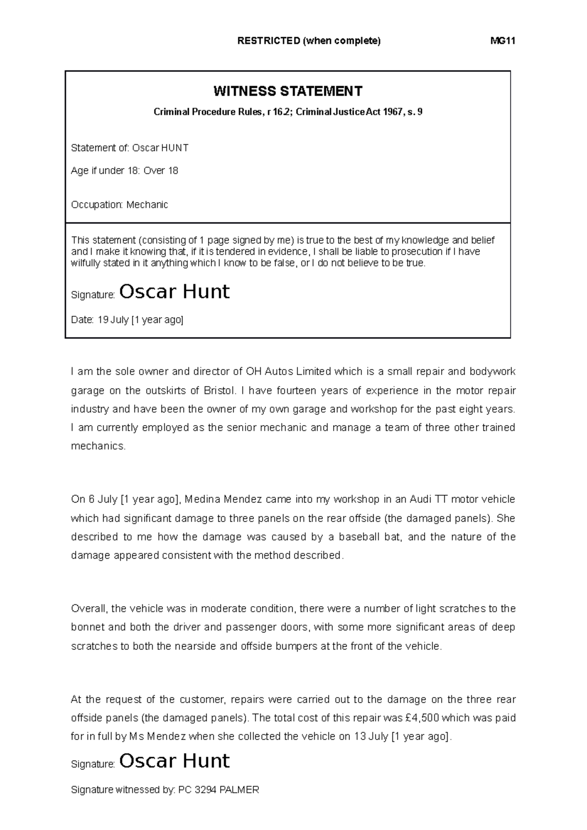 BTC Crime W3 Oscar Hunt WS - RESTRICTED (when complete) MG WITNESS ...