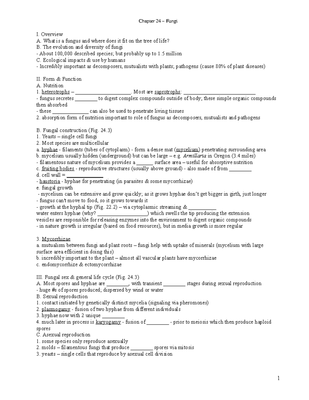 Chapter 22 Fungi notes - Grover Brown - Chapter 24 Fungi I. Overview A ...