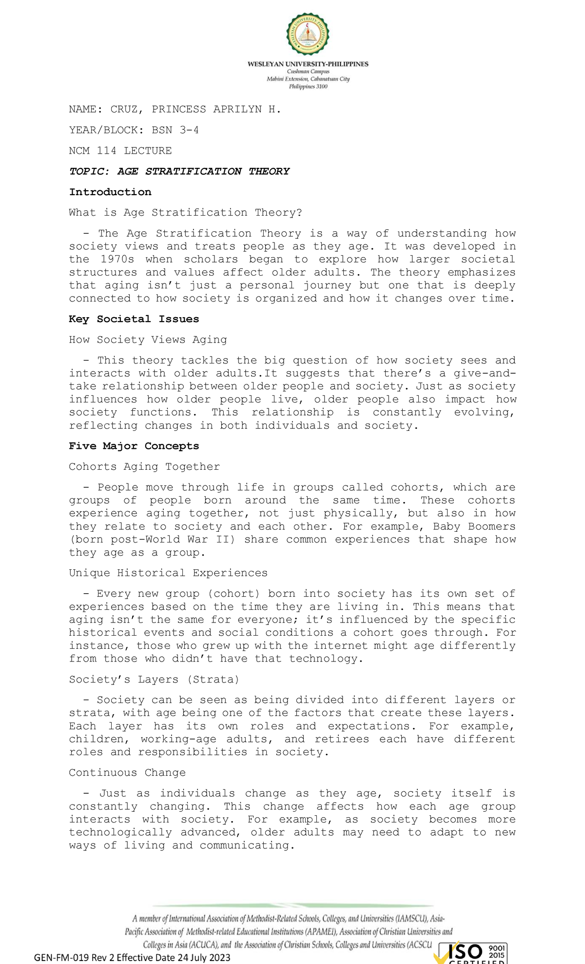 AGE Stratification Theroy - NAME: CRUZ, PRINCESS APRILYN H. YEAR/BLOCK: BSN 3 - 4 NCM 114 ...