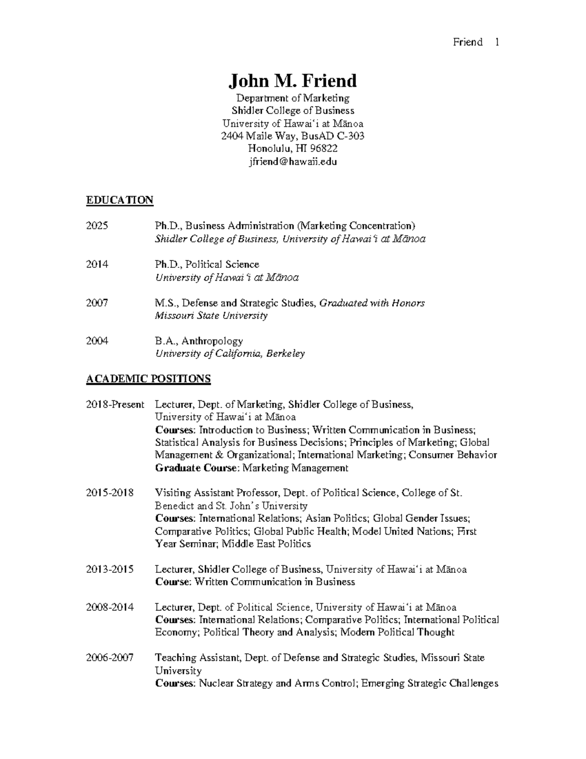 Cv john-friend - mkt - John M. Friend Department of Marketing Shidler ...