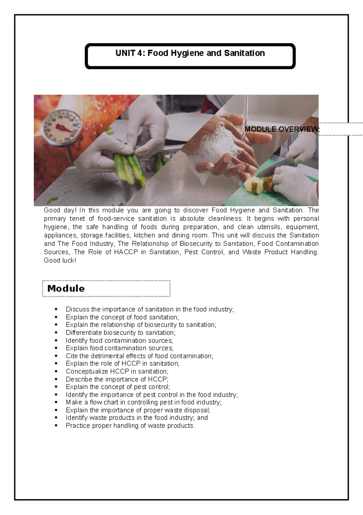 UNIT 4 lesson 1 Sanitation and The Food Industry - Good day! In this ...