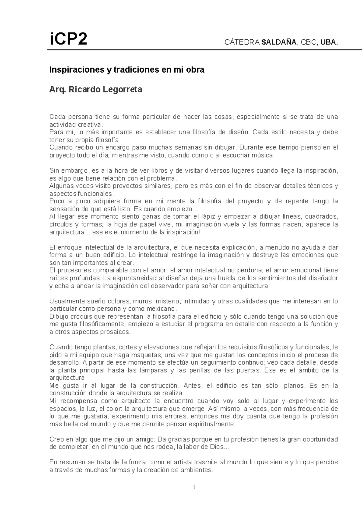 05 ICP2 Inspiraciones Y Tradiciones EN MI OBRA Legorreta - iCP2 CÁTEDRA SALDAÑA, CBC, UBA. 1 ...