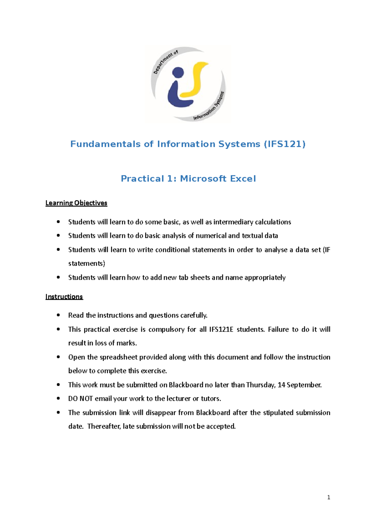 IFS 121 Practical 1 Instructions - 2023 - Fundamentals of Information ...
