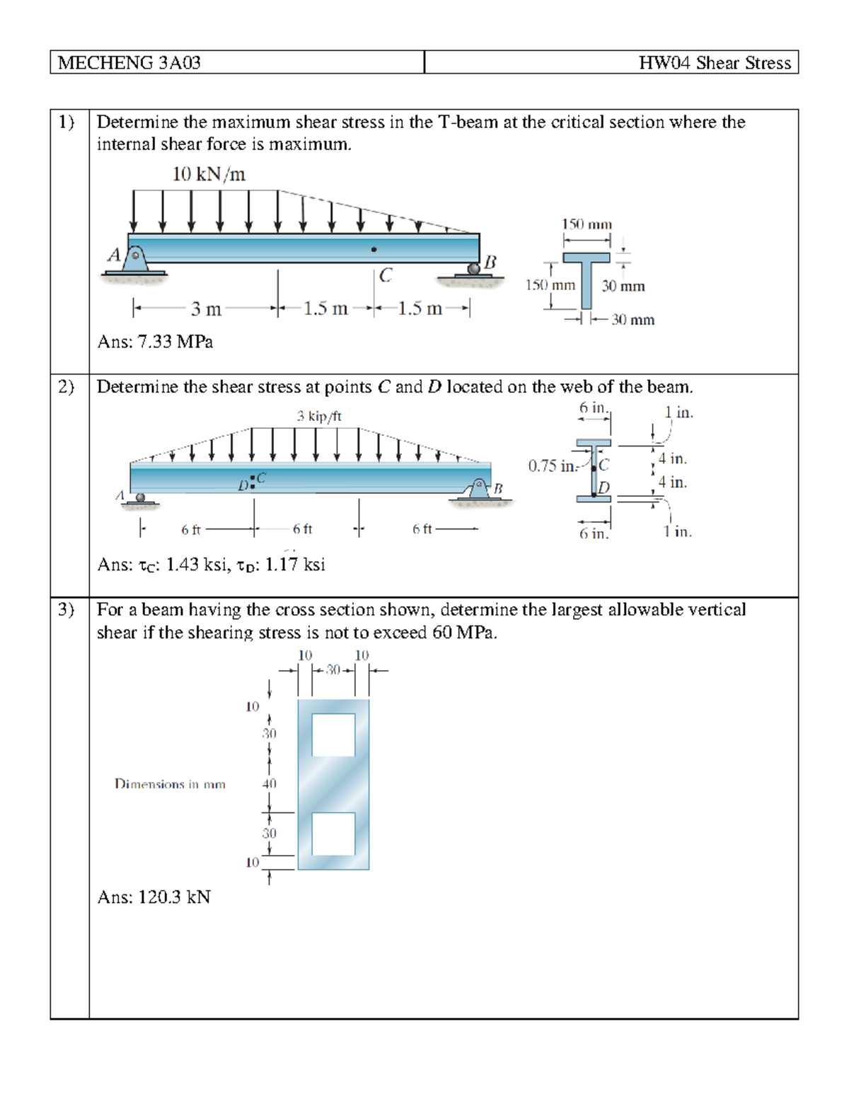 HW04 Shear Stress - assignment - Mech Eng 3A03 - McMaster - Studocu