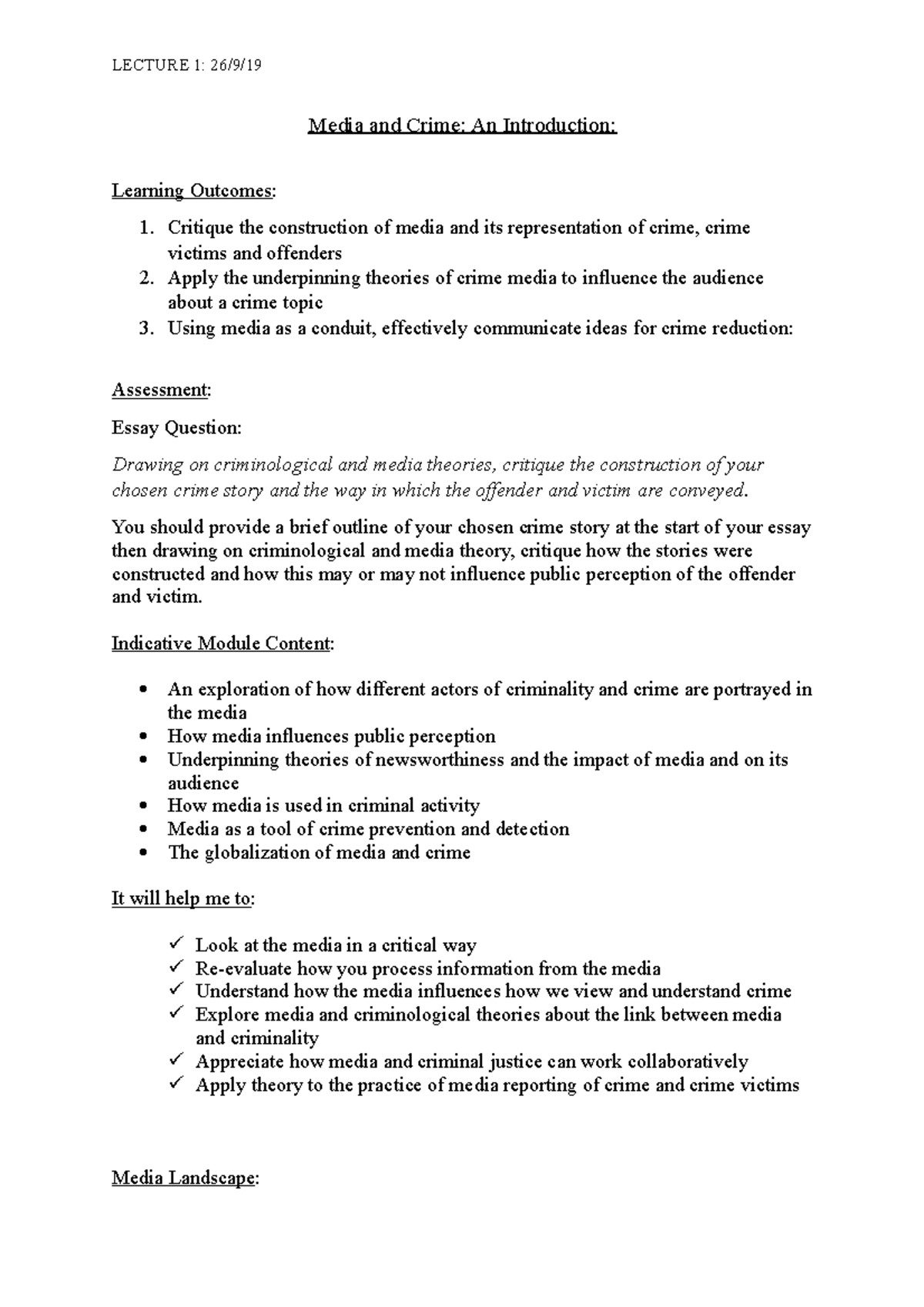 Lecture 1 - Media and Crime - Media and Crime: An Introduction ...