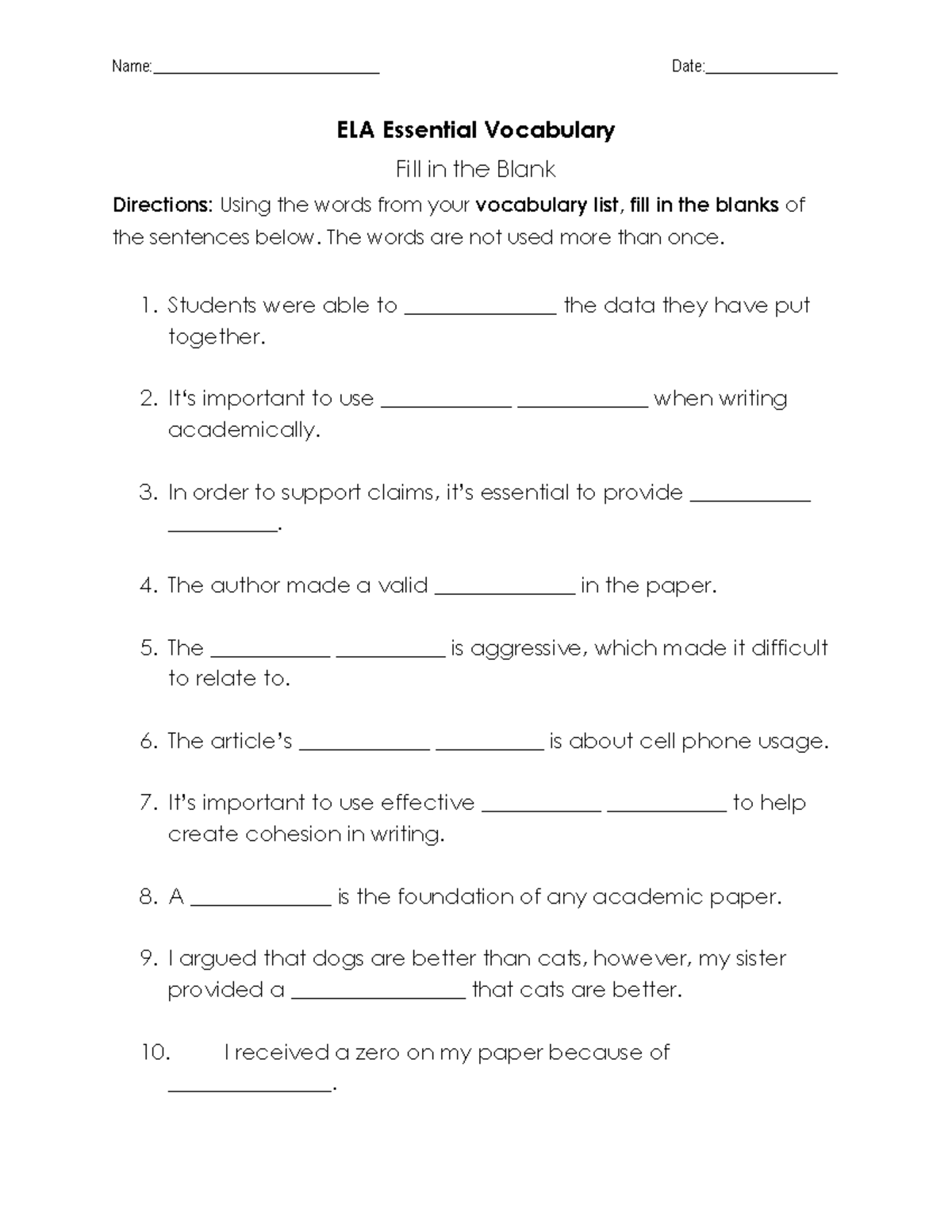 Fill-in-the-Blank ELA Essential Vocabulary - Name ...