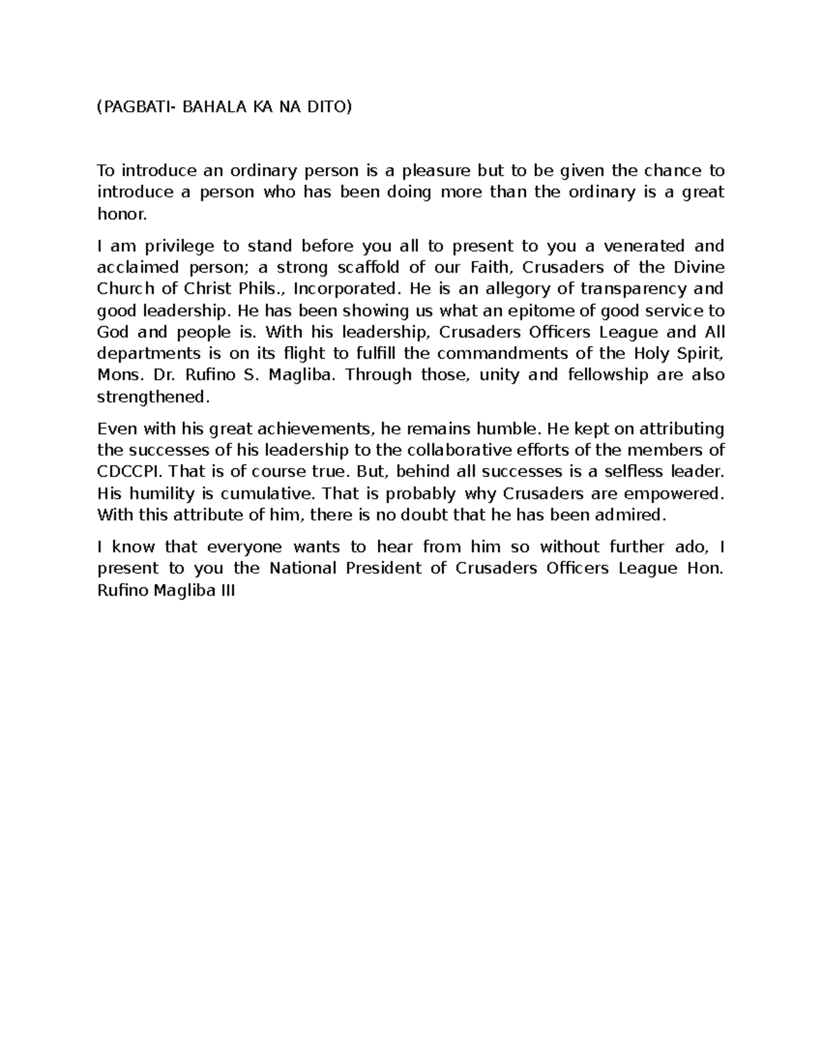 Intro to Apo Lito - Notes - (PAGBATI- BAHALA KA NA DITO) To introduce ...