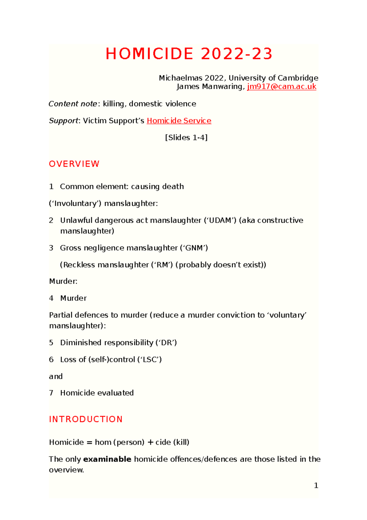 2022 Homicide handout (Manwaring) - HOMICIDE 2022- Michaelmas 2022 ...