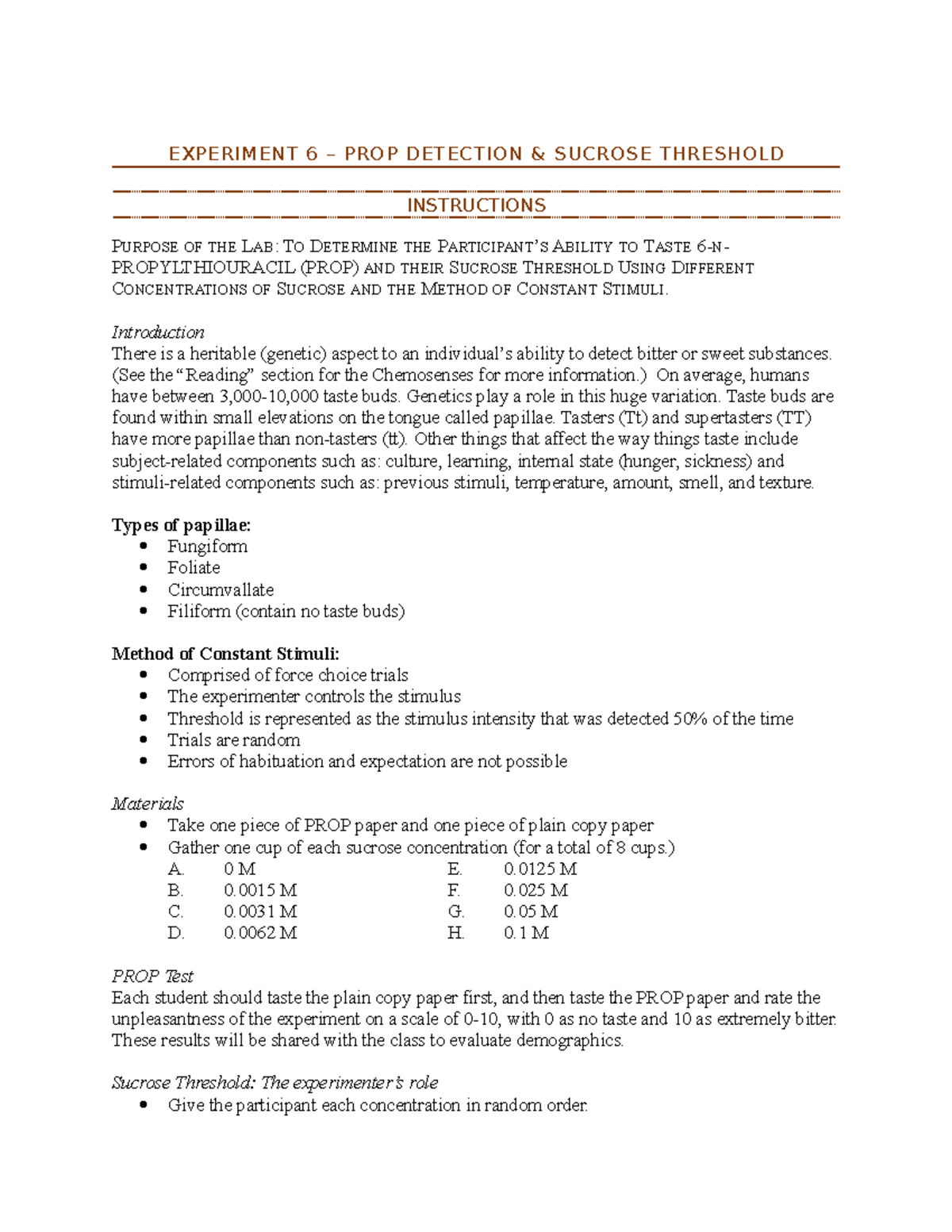 Experiment 6-Prop Detection and Sucrose Threshold - EXPERIMENT 6 – PROP ...