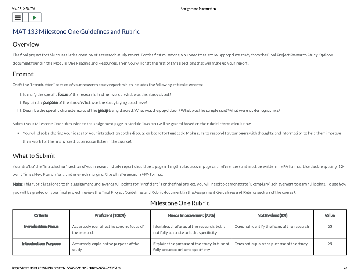 Milestone One Guidelines and Rubric - MAT-133-X1939 Intro to ...