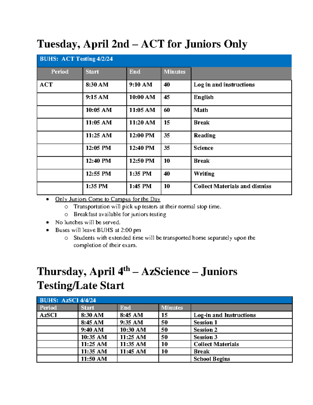 Testing Schedule and Bell Schedules 2023-2024 - Tuesday, April 2nd ...